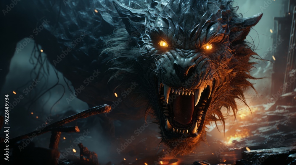 Mad dragon destroying the world. Angry reptile with a growl giving a ...