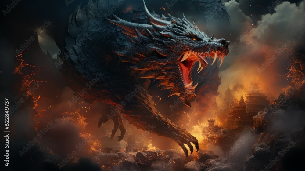 Mad dragon destroying the world. Angry reptile with a growl giving a ...