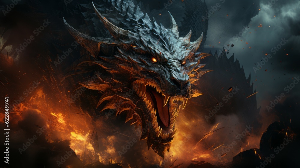 Mad dragon destroying the world. Angry reptile with a growl giving a ...