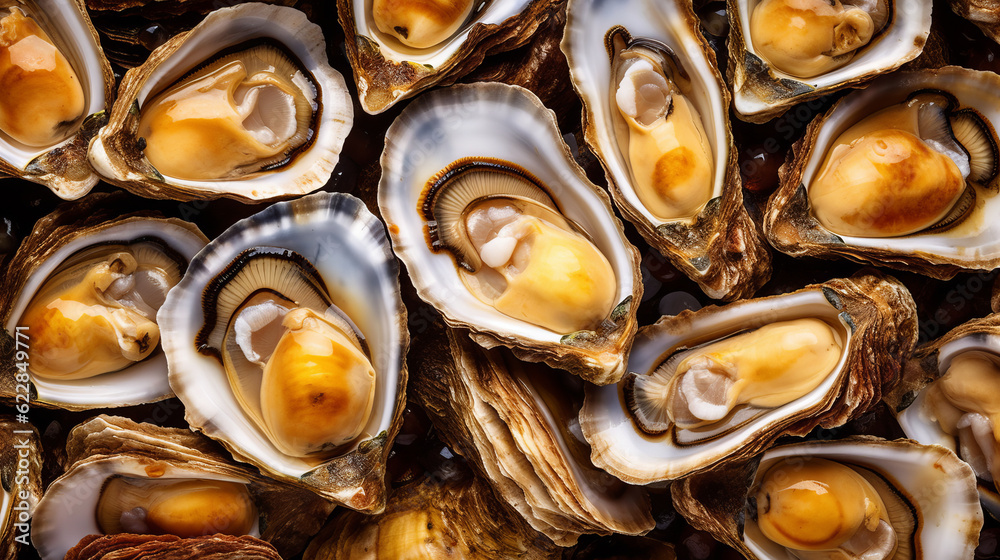 Fresh oysters in ice cubes. Freshly frozen assorted seafood shellfish ...