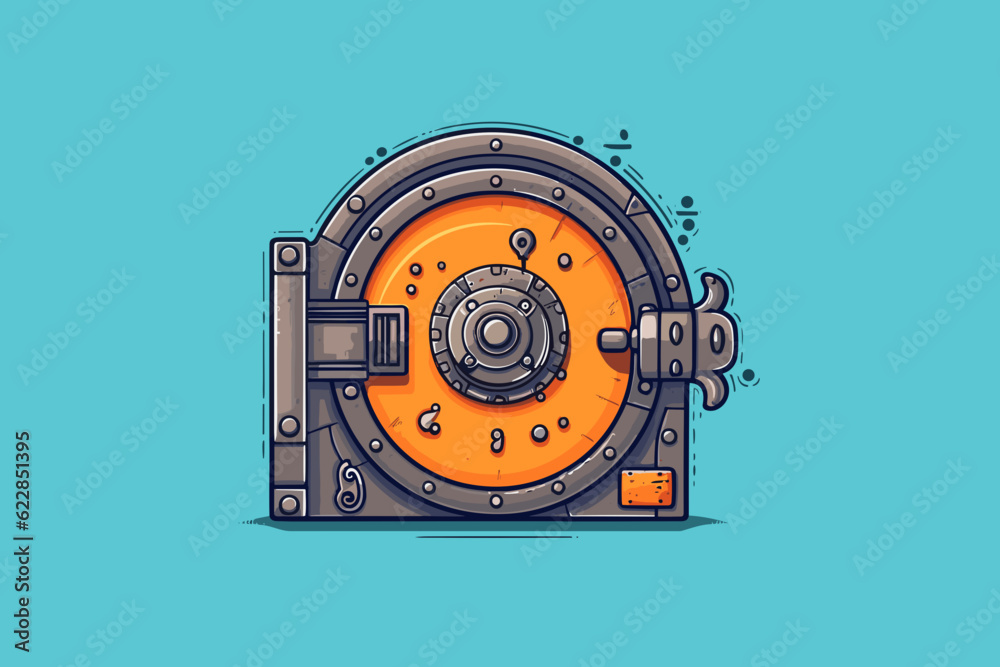 Doodle inspired Vault door, cartoon sticker, sketch, vector ...