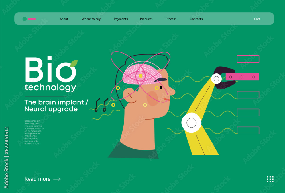 Bio Technology, Brain implant, Neural upgrade -modern flat vector concept illustration of brain ...