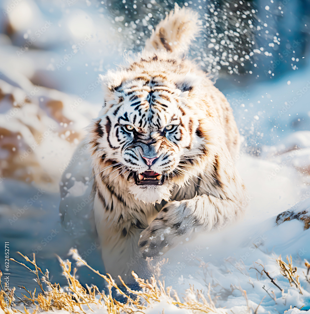 Angry White Tiger running in the snow in wild winter nature. Big snow ...