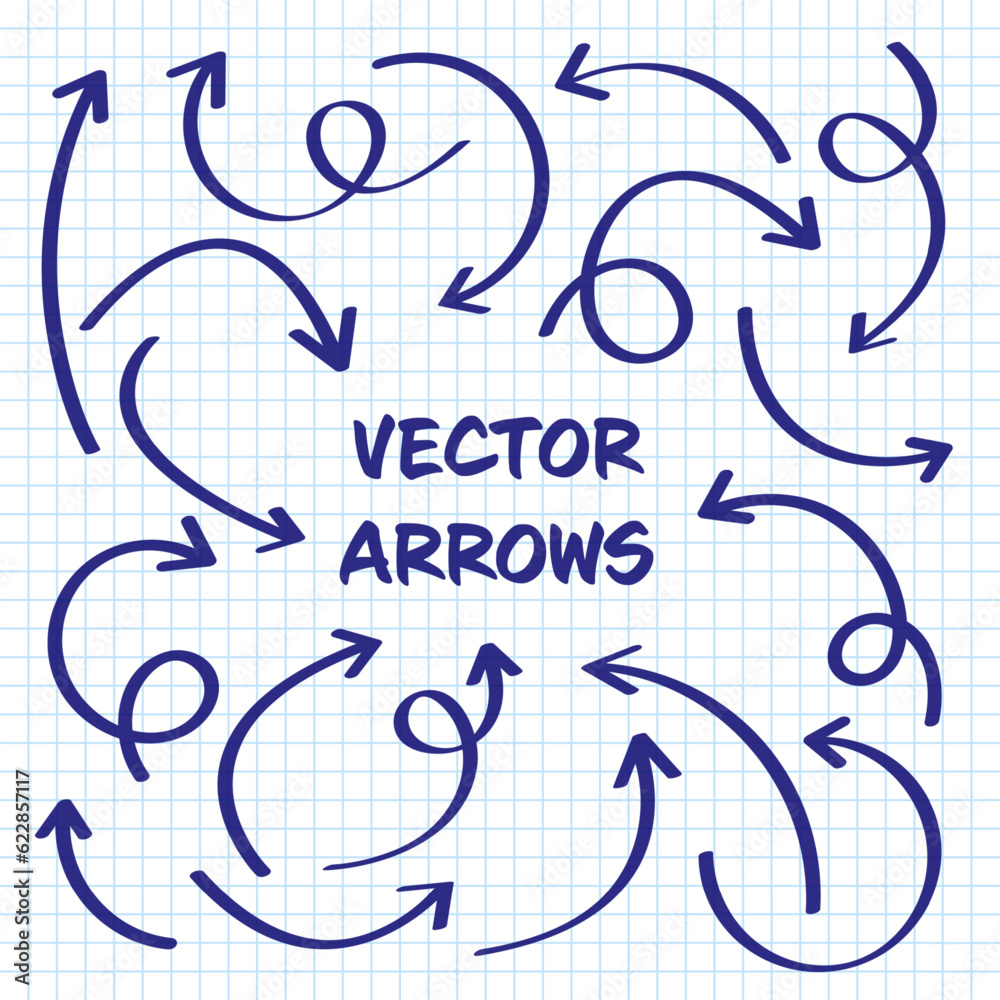 Hand drawn arrows on checkered paper sheet. School notebook for drawing ...