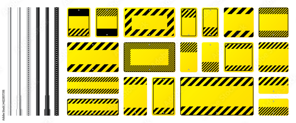 Warning, danger signs, attention banners with metal poles. Blank yellow ...