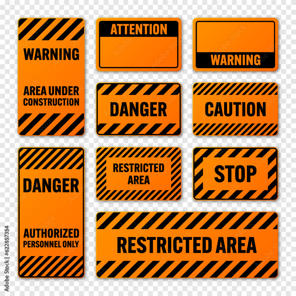 Various black and orange warning signs with diagonal lines. Attention ...