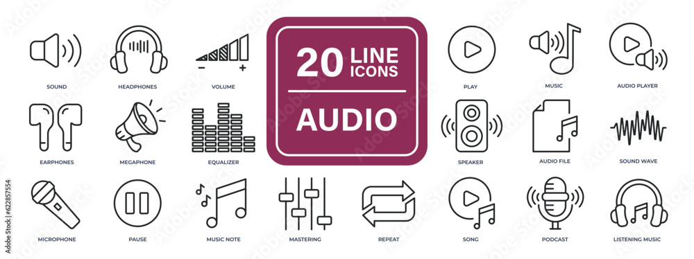 Audio line icons. Editable stroke. For website marketing design, logo ...