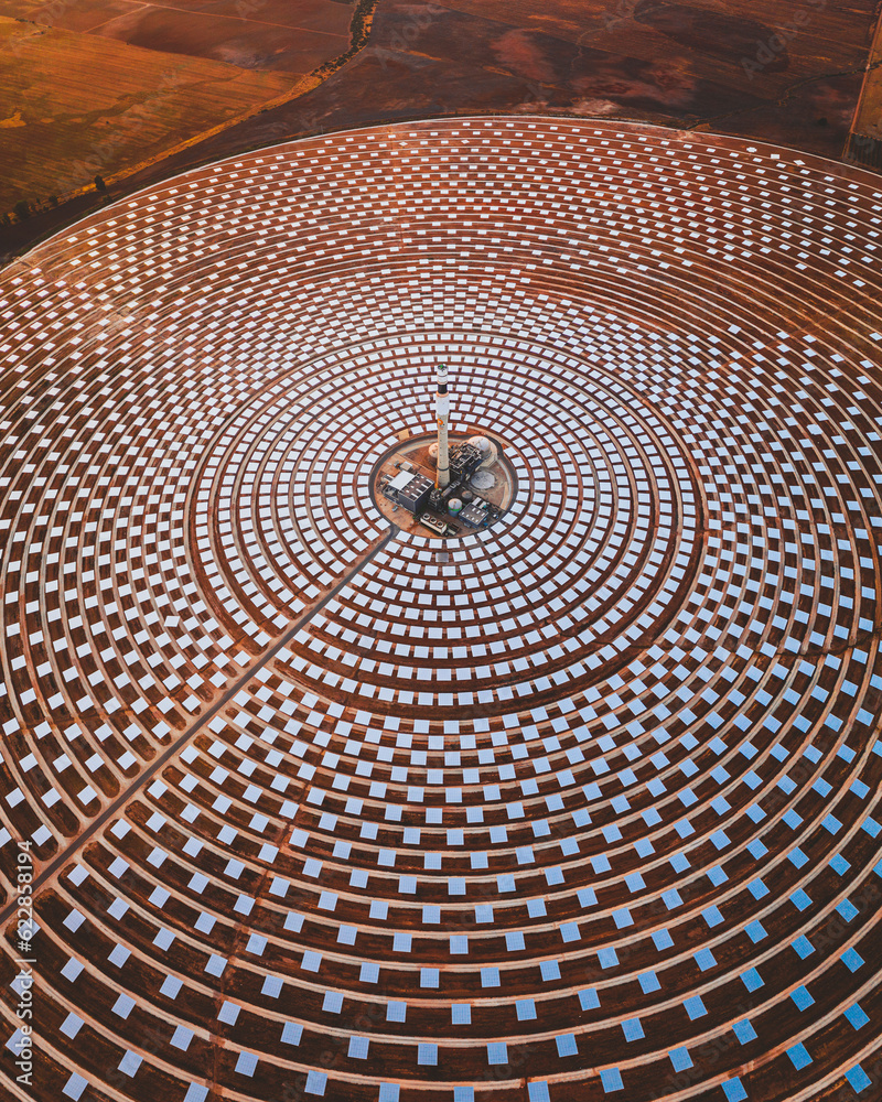 Aerial view of a big circular solar plant in Andalusia near Seville ...
