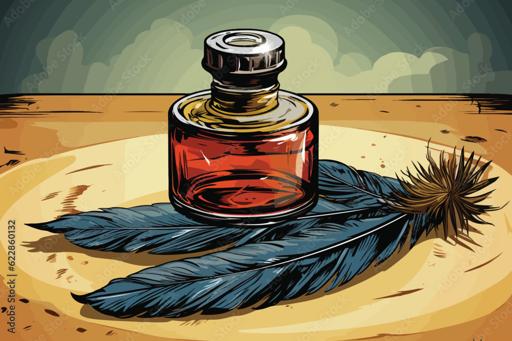 cartoon vector illustration of Ink well and quill pen depicted in retro ...