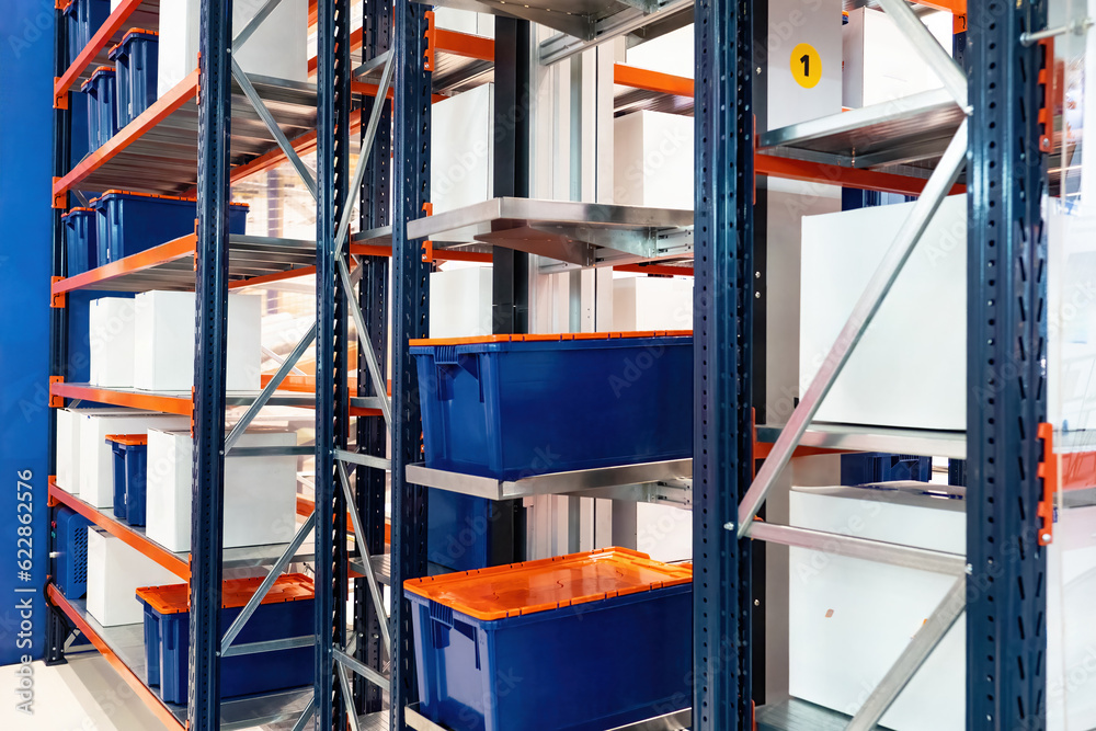 Warehouse racks. Multi-tiered full with boxes. Modern warehouse ...