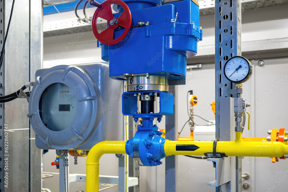Gas equipment close-up. Compressor station with pressure gauges. Gas ...