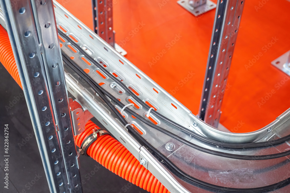 Wires in aluminum cable channel. Place for electrical wiring. Cable ...