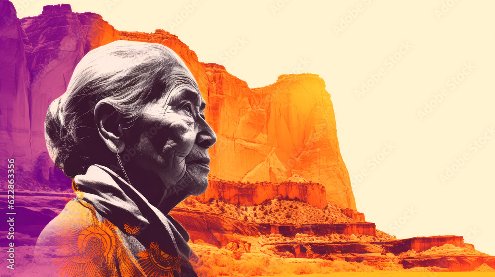 Colorful collage of senior Native American Indian woman in front of ...