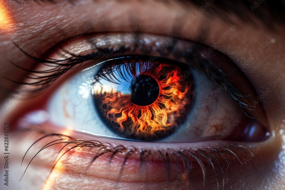 a close-up beautiful eye of a female person. burning glowing fire in ...
