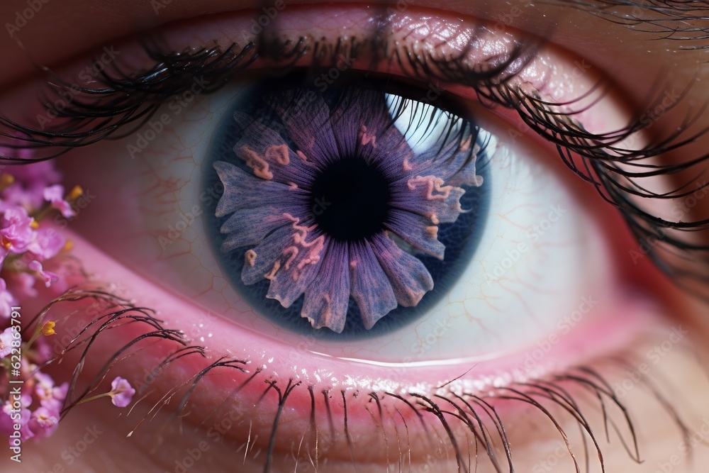 a close-up beautiful purple eye of a female person. natural growing ...