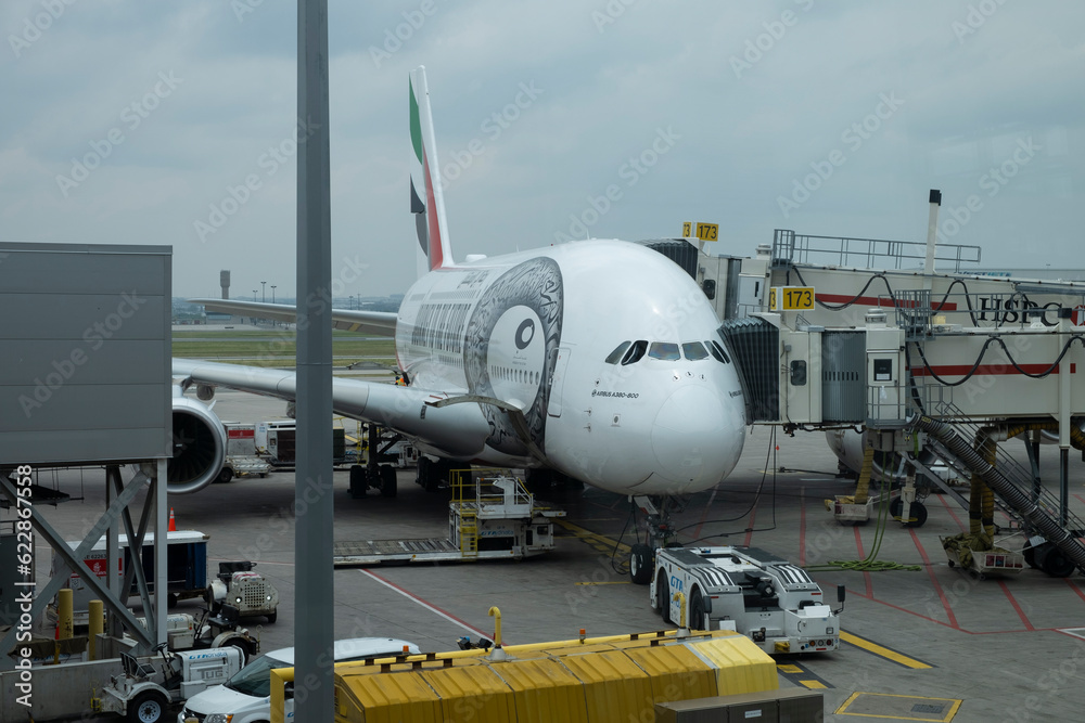 Close view of Emirates airline Airbus A380-800, world's largest double ...