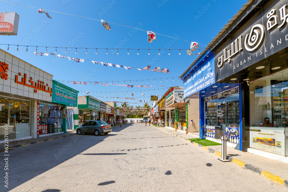 General view of the outdoor bazaar and marketplace of shops and ...