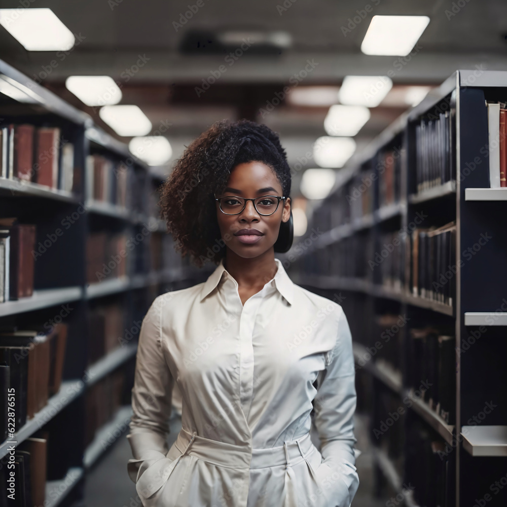 beautiful african american black woman with library in background ...