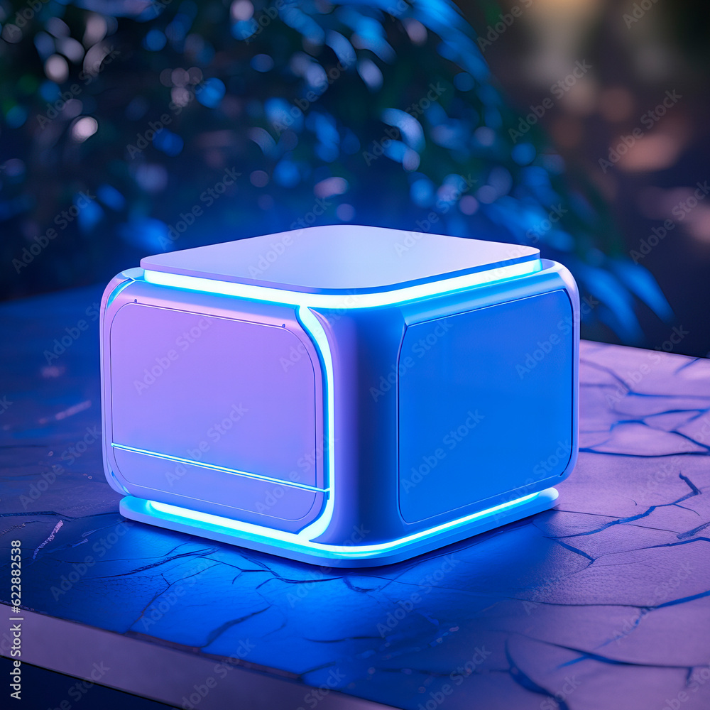 White and blue futuristic square gift box on a fantastic background ...