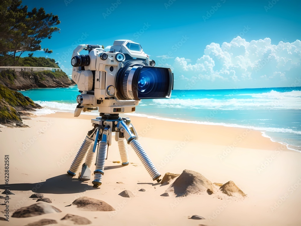artificial intelligence taking photography beach background. Image is generated with the use of ...