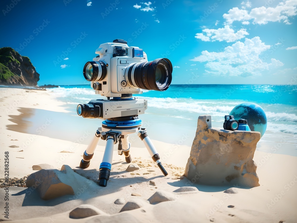 artificial intelligence taking photography beach background. Image is generated with the use of ...