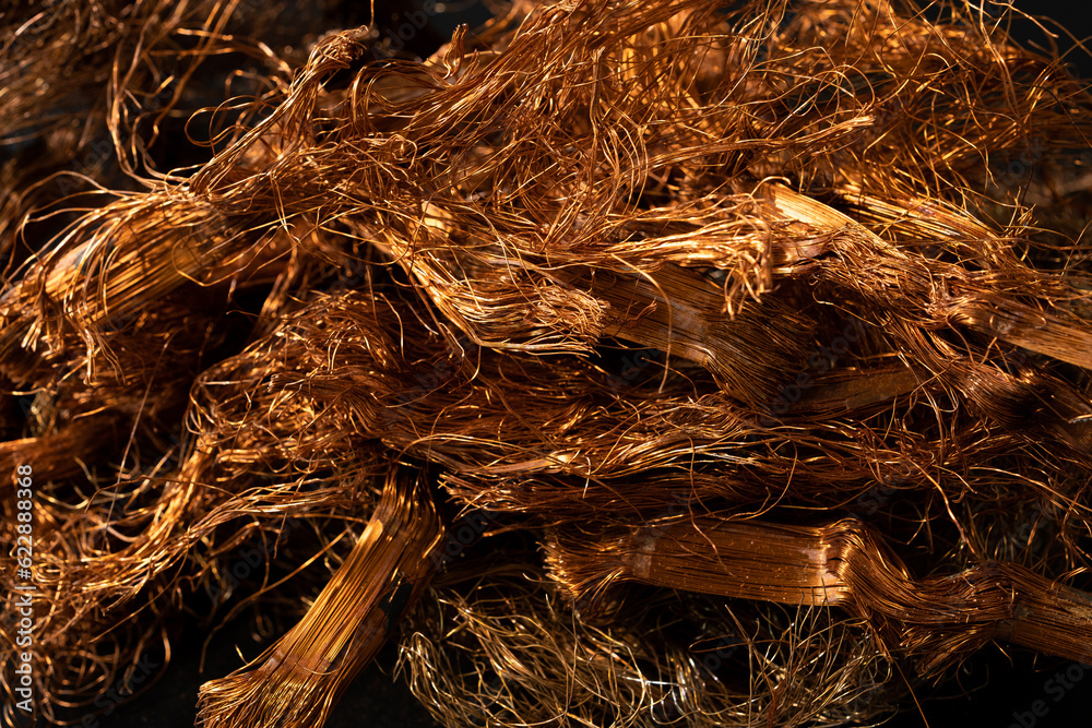 Copper lines from a broken motor awaiting recycling, abstract ...