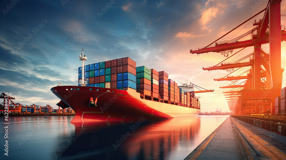 Rear view cargo container ship. Business logistic transportation sea ...