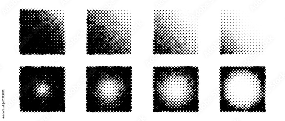 Halftone gradient square shapes set. Dotted textured cubes collection ...