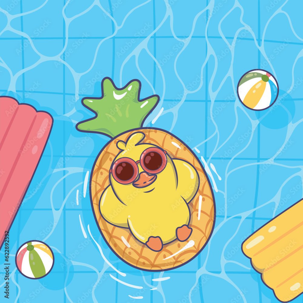 Cute duck floating with pineapple pool floatie. animal summer icon ...