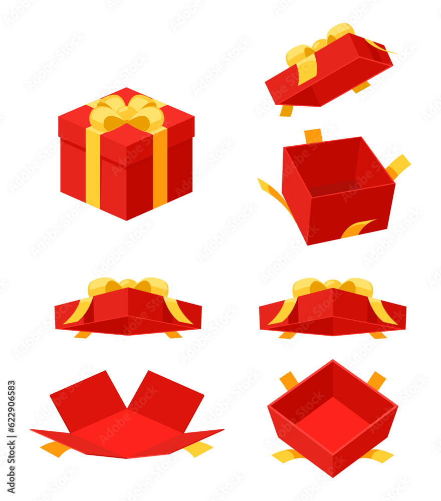 Open and close a mystery Red gift box with a yellow ribbon on white ...