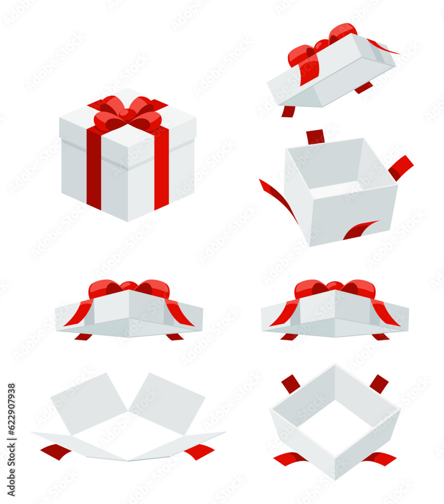 Open a mystery gift box with a red ribbon on isolated white background ...