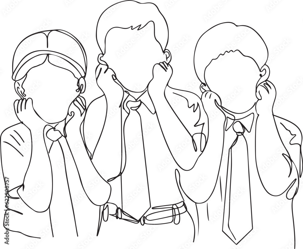 Vetor de School Kid Holding Ears: Continuous Outline Cartoon ...