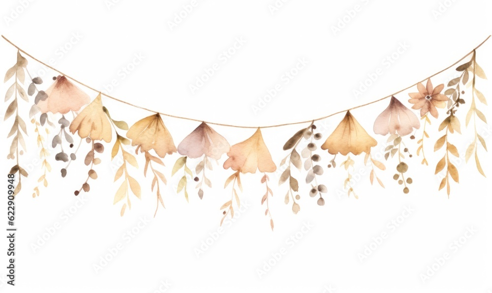 Watercolor realistic illustration of children's paper garland, beige ...