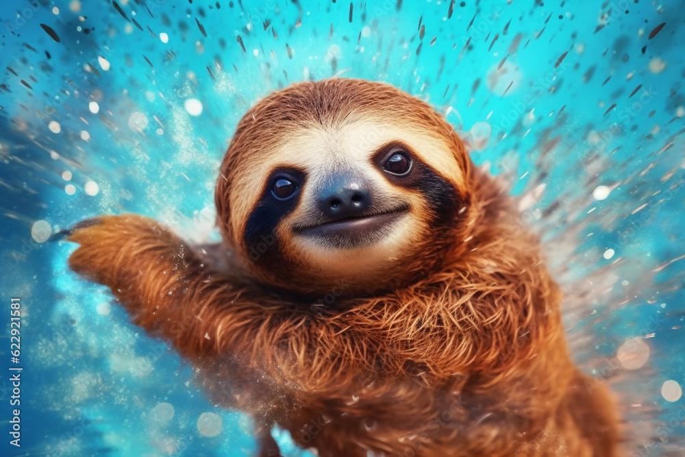 Funny lazy sloth dancing with water splashes, cute face look, portrait ...