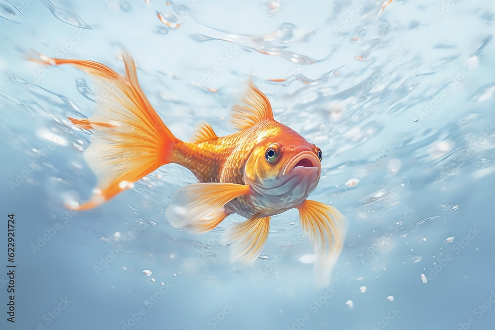 Cute gold fish in water glass sphere swimming underwater with water ...