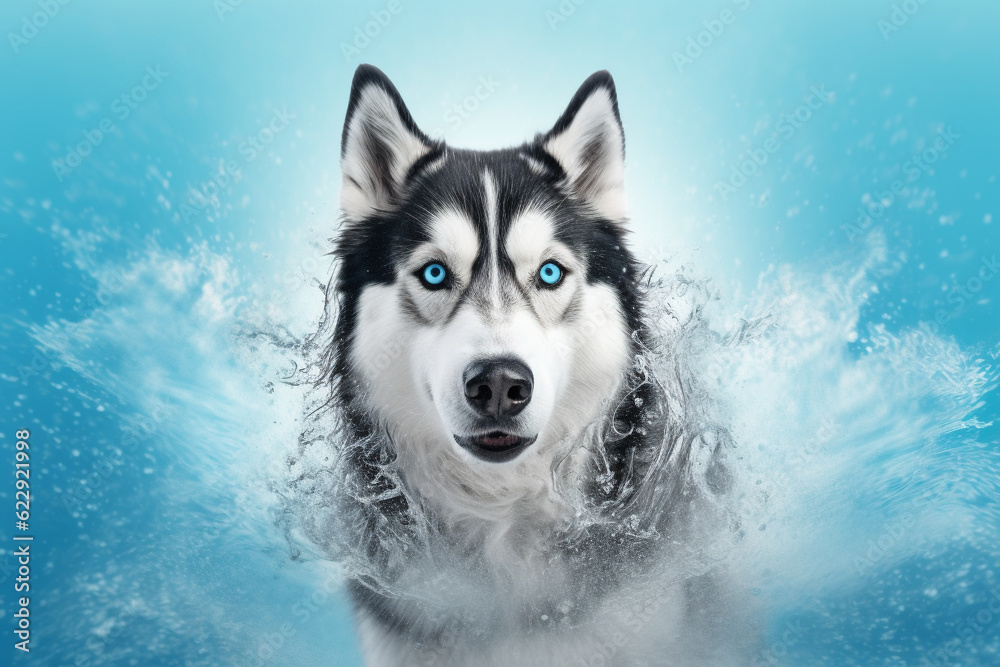 Pure cute husky dog running in the water with a lot of splashing on ...