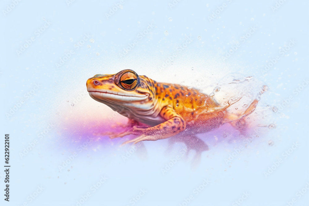 Cute newt above water surface create water splashes on blurred ...