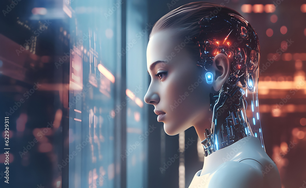 Beautiful female robot with artificial intelligence. AI generated Stock ...