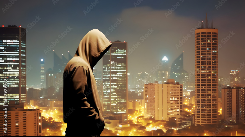 Anonymous hacker with background of night city. AI generated Stock ...