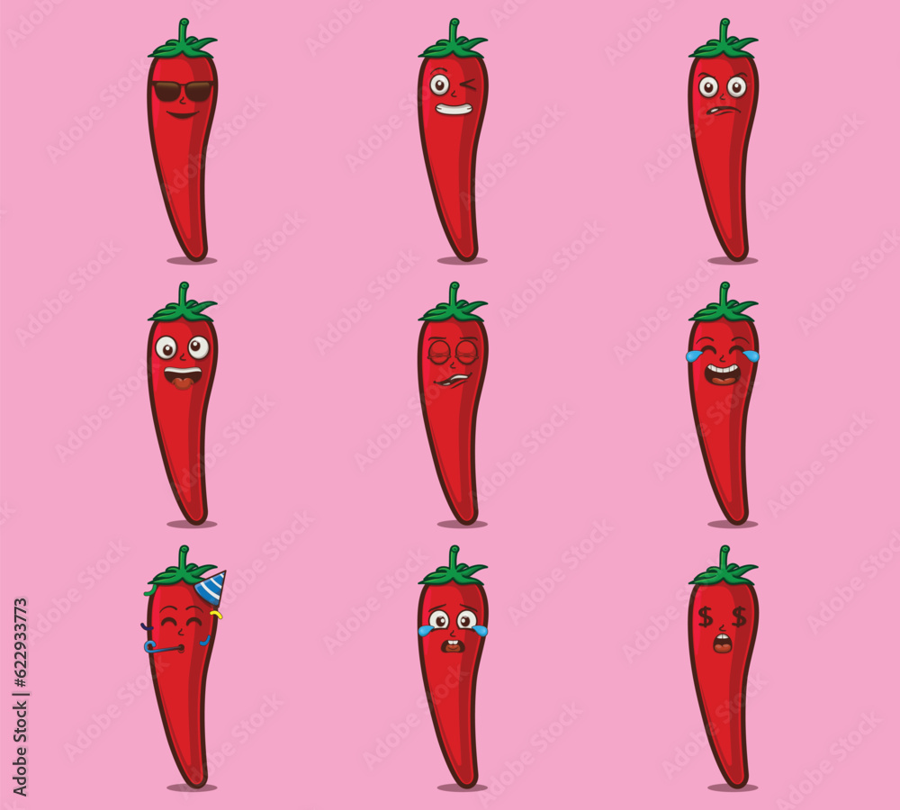 Cute and kawaii chili character emoticon expression illustration set ...