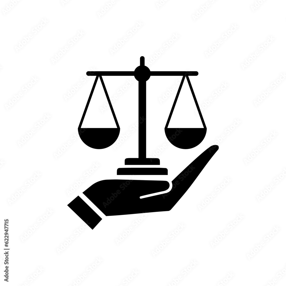 scales of justice and scales icon black and white. One hand hold up ...