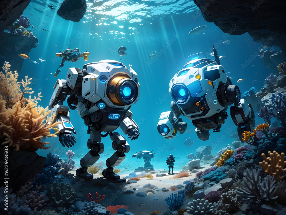 Artificial Intelligence (AI) Robots Exploring Coral Reef and Ocean Bed ...