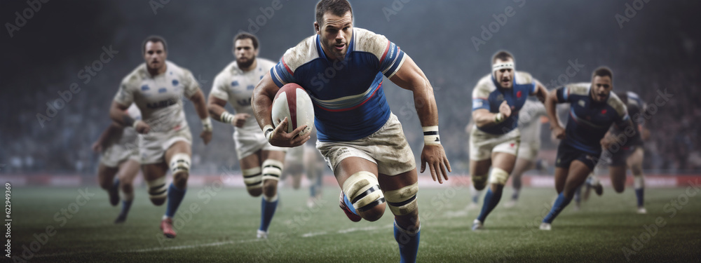 Rugby player in possession of the ball and attempting to advance. Rugby ...