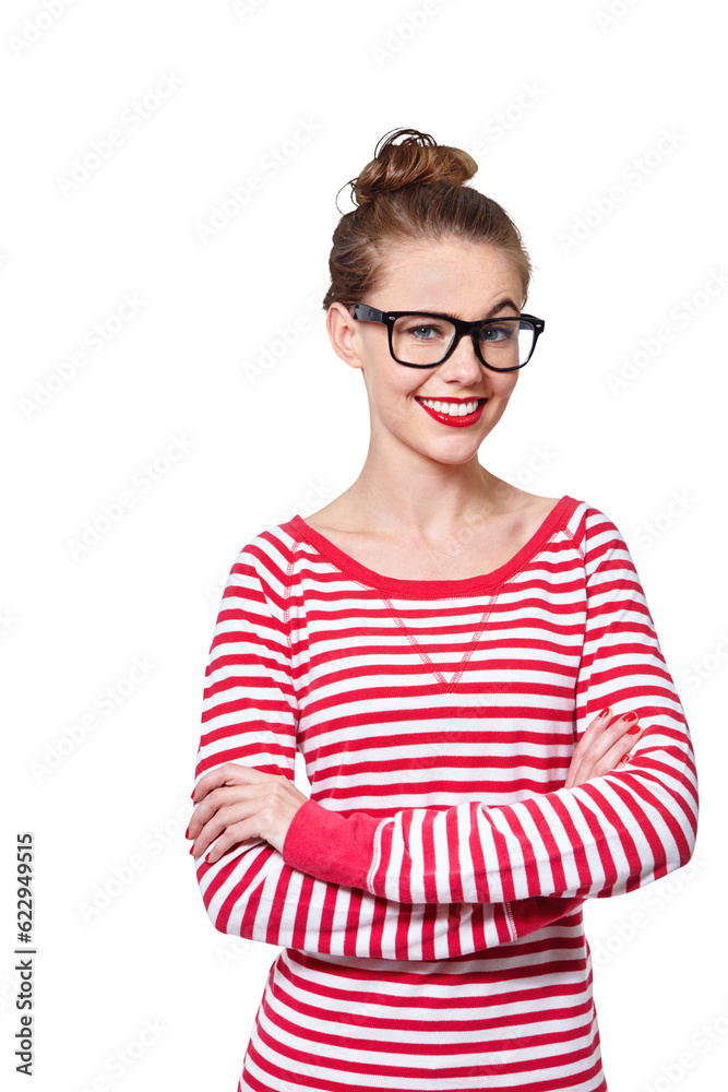 Fashion, glasses and question with portrait of woman on png for nerd ...