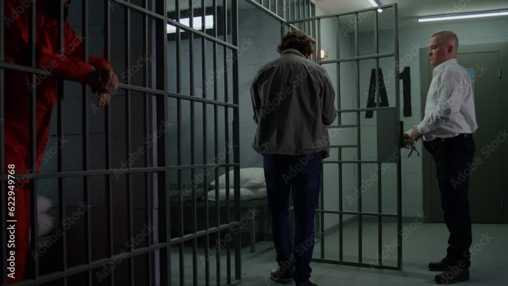 Prison employee opens jail cell with keys and locks male criminal ...