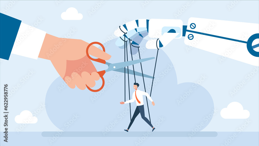 Robot hand manipulating man. Robot puppet master. Dependence on ...