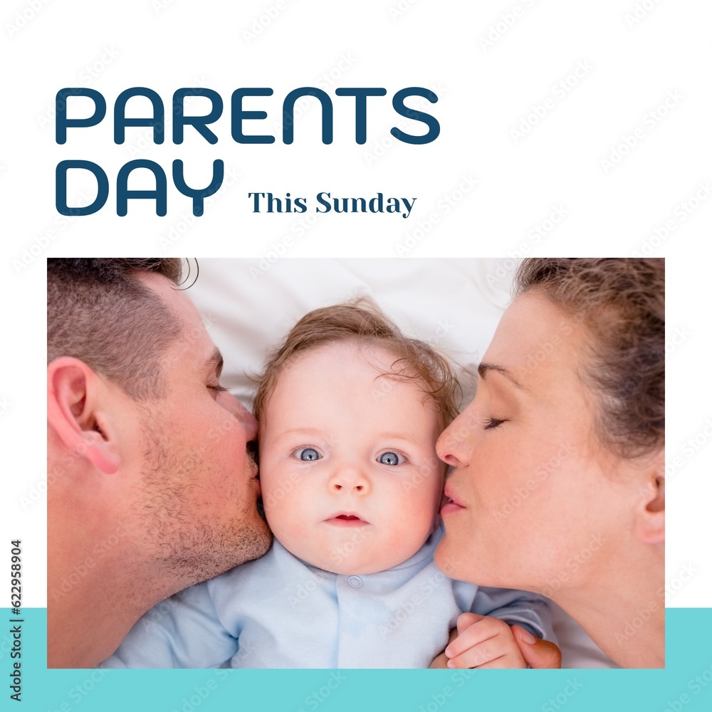 Parents day, this sunday text on white with happy caucasian parents ...