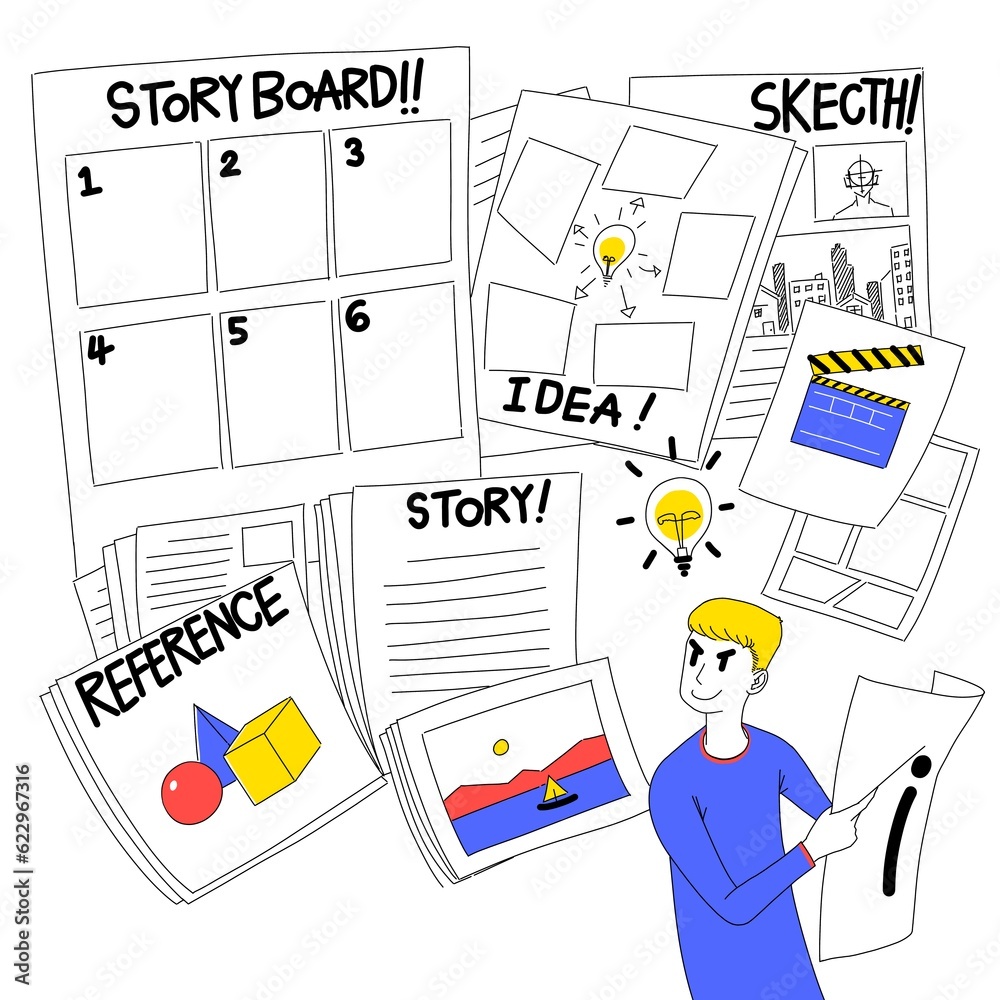 Man with simple sketch and steps the process of idea to the storyboard ...