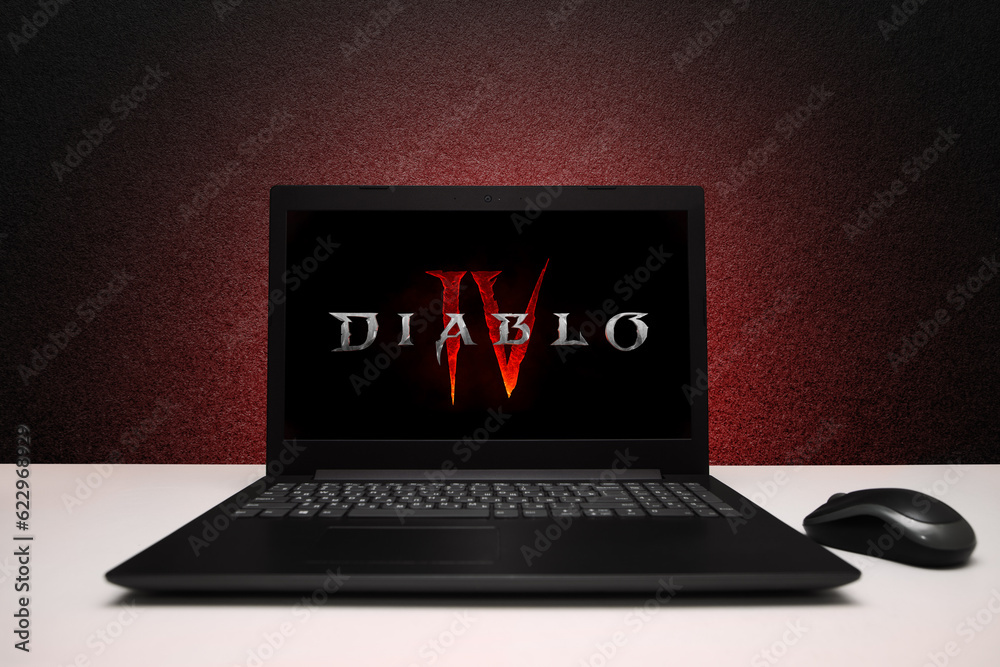 Fotografia do Stock: Diablo 4 game logo on the screen laptop computer ...