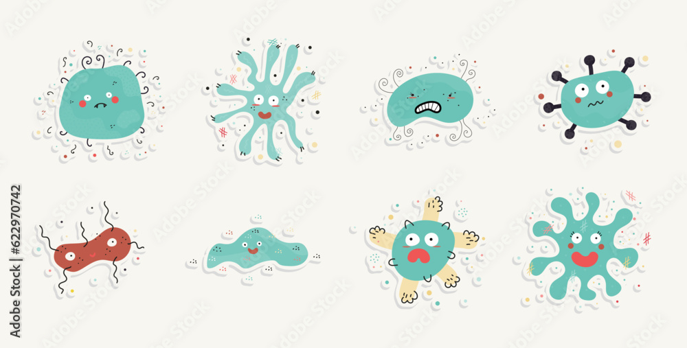 Photo set of funny cartoon microbes, bacteria, viruses stickers, sachch ...